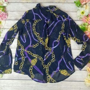 Romeo & Juliet Couture | Tops | Navy Chain Belts Print Buttonup Blouse ...
